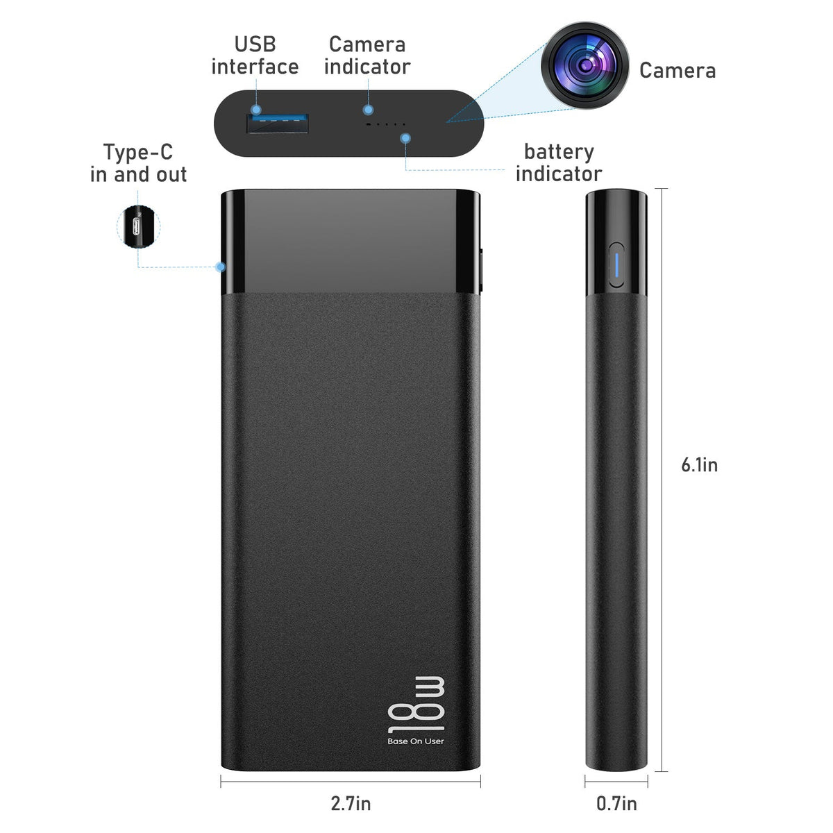 Power Bank with HD Security Camera and Mic - Portable Fast Charging