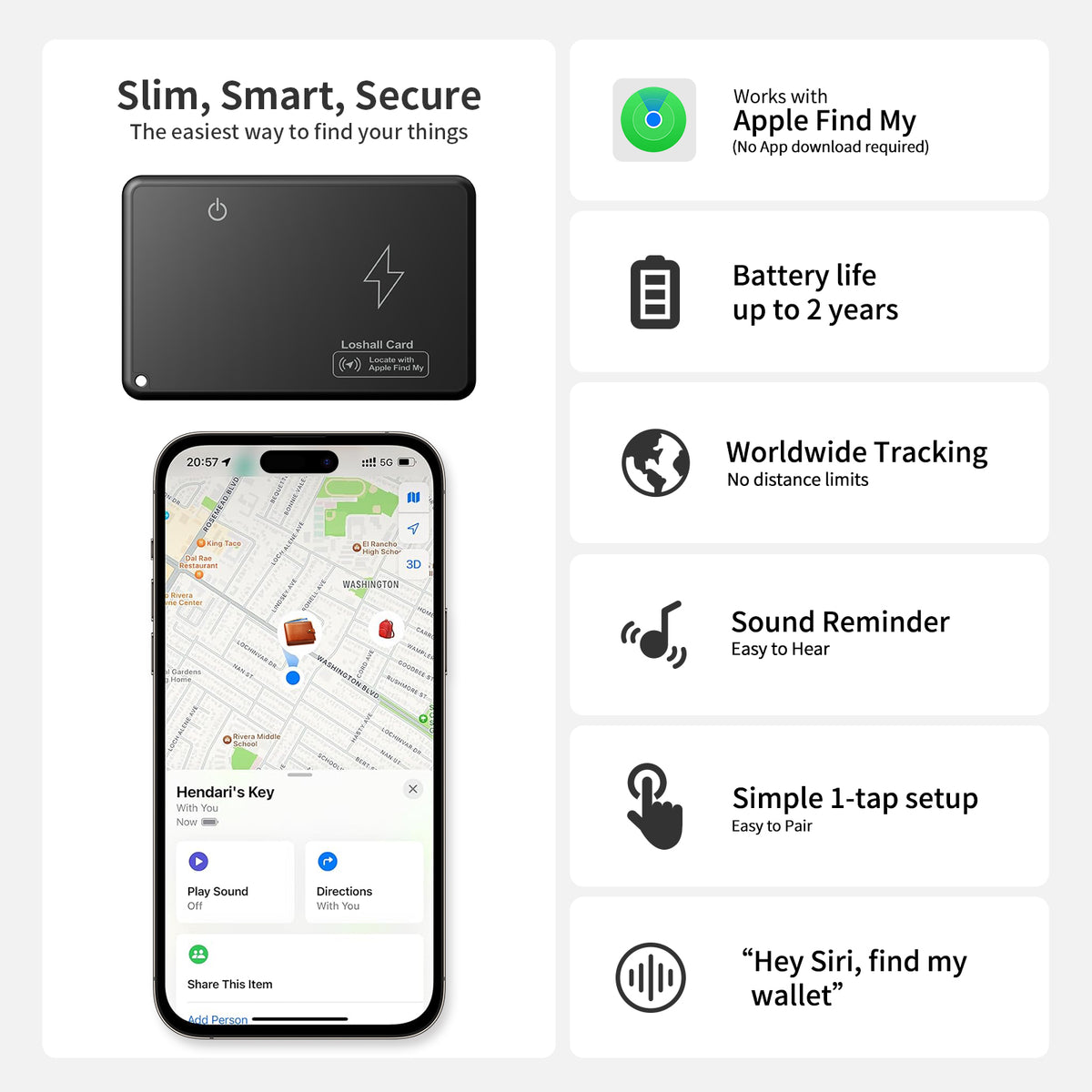 Card-Sized Smart Tracker - Apple Find My, 1-Year Battery, Wireless Cha